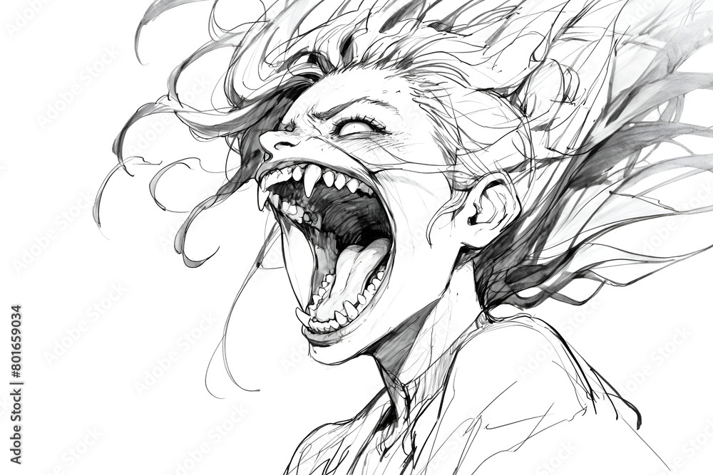 Monster girl screaming and roaring, black and white anime-style drawing ...