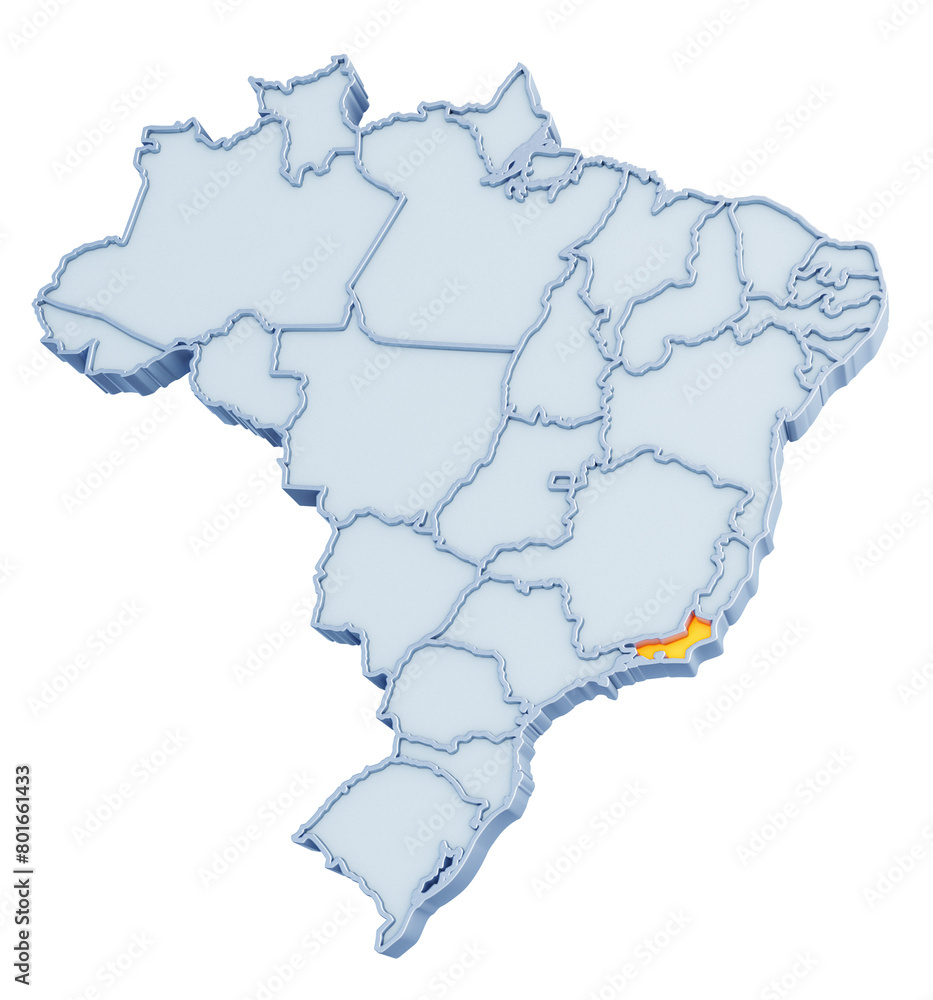 Brazilian state of Rio de Janeiro highlighted in golden yellow on three ...