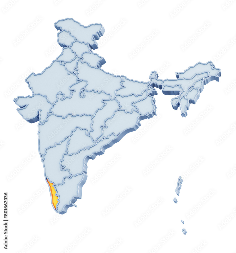 Indian state of Kerala highlighted in golden yellow on three ...