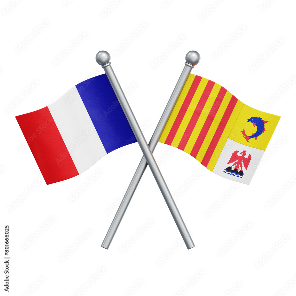Crossed flags of France and the French region of Provence-Alpes-Côte d'Azur isolated on ...