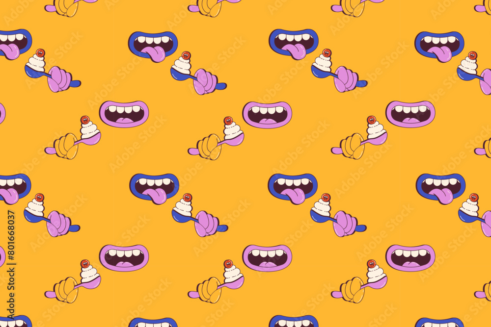 Comic cartoon lips seamless pattern in psychedelic retro style. Funky ...
