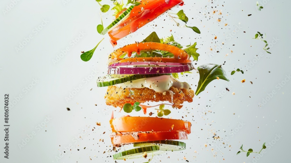 A deconstructed burger with floating layers of tomato, lettuce, cheese ...