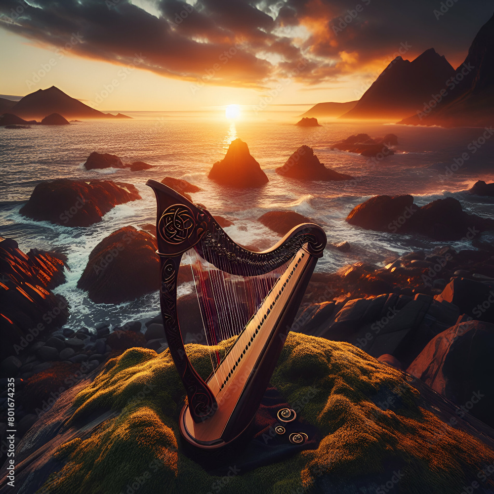 Majestic Celtic String Harp Lyre on Cliffs Stone Rocks in Shadow by ...