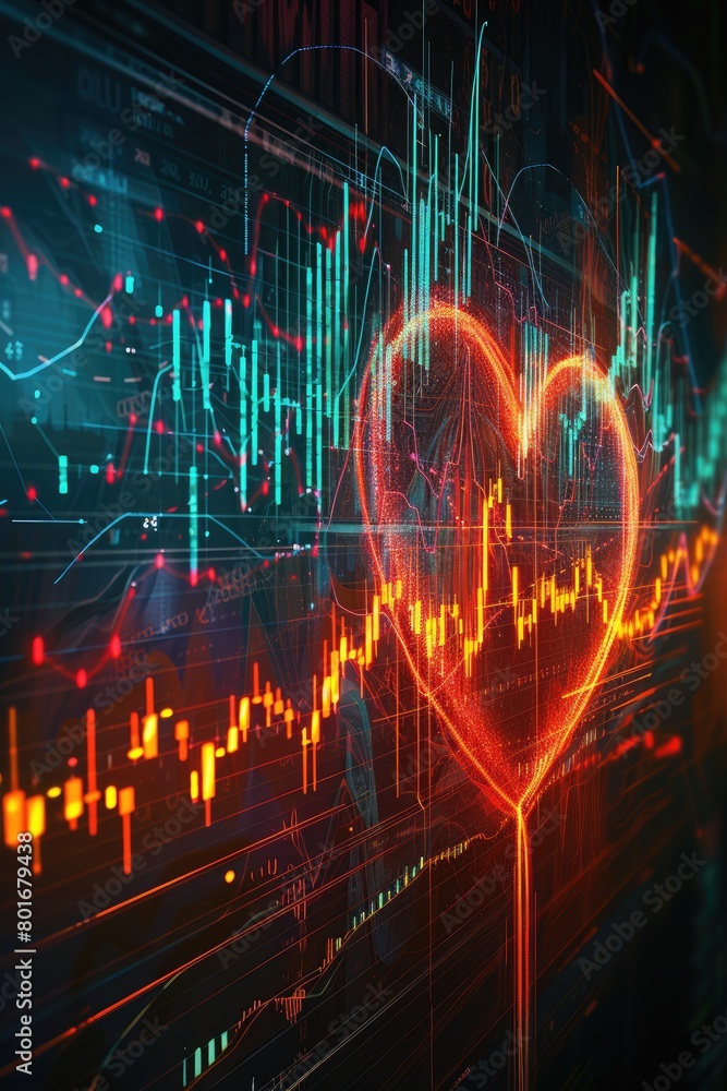 Health symbol alongside financial data and trading graphs illustrating ...