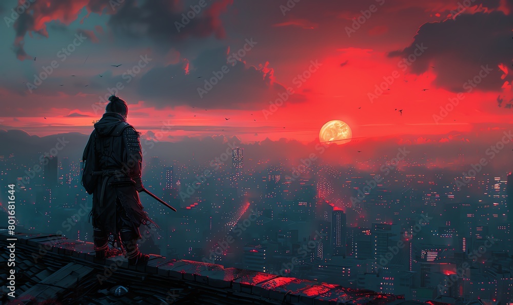 concept art of a cyberpunk ninja standing on top of a building in the ...