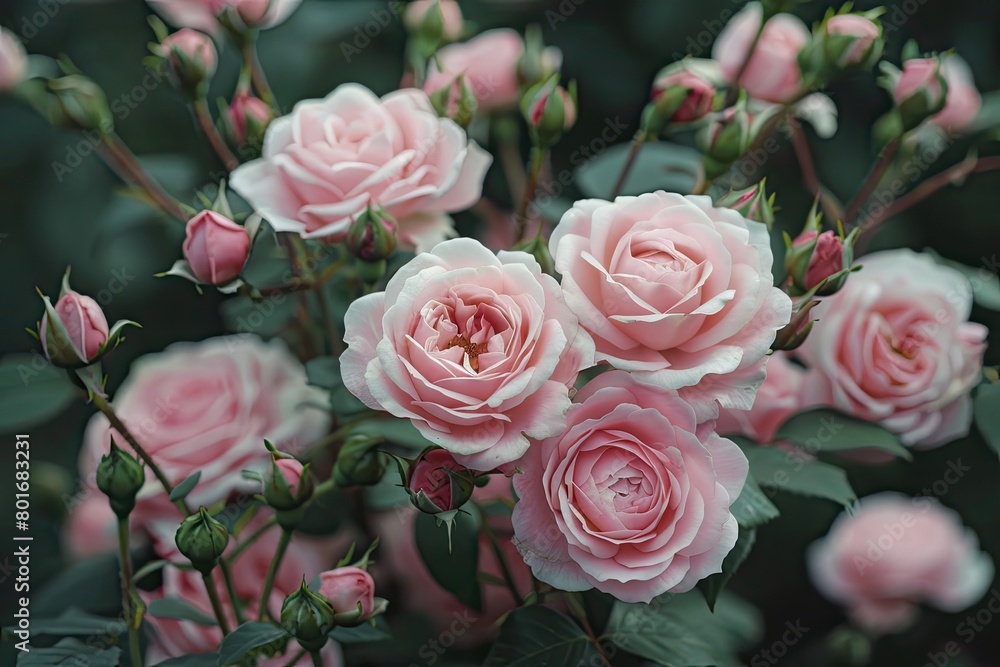 A bunch of pink roses are in full bloom. The flowers are arranged in a ...