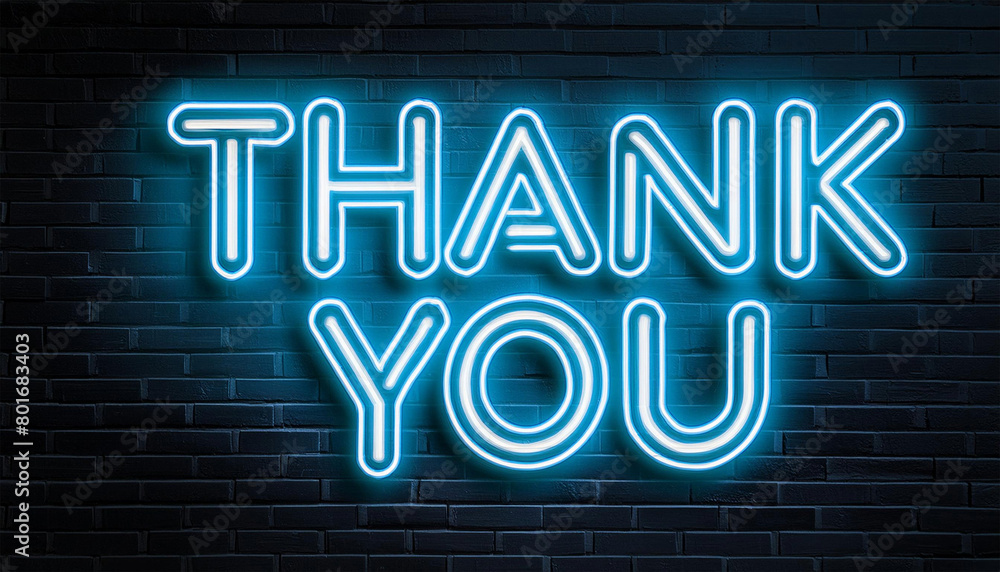 Thank you blue neon sign on black wall, illustration. Stock ...