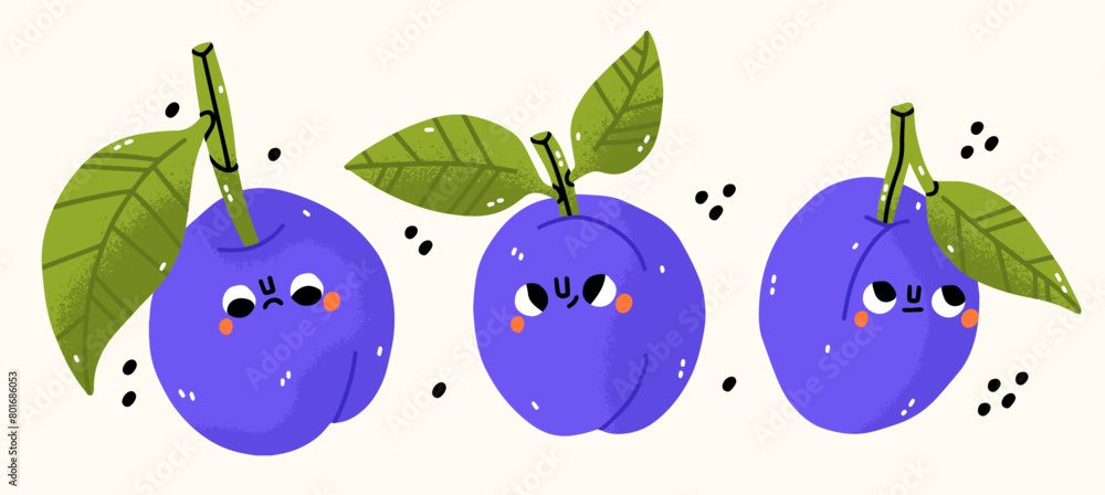 Cartoon plum with faces. Cute modern childish drawing style vector ...