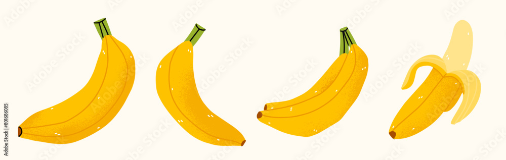 Cartoon bananas set. Vector banana, half peeled and slice banana snack ...