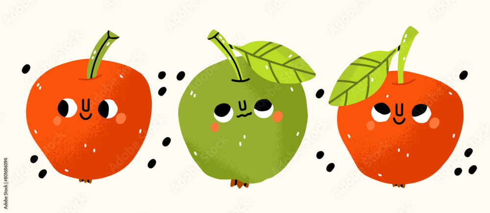 Cartoon red and green apples with faces. Cute modern childish drawing ...