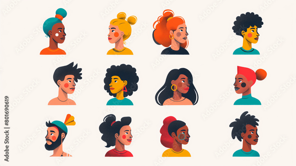 A vibrant collection of twelve diverse cartoon character headshots ...