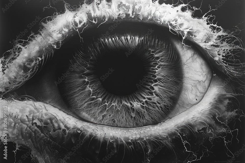 A close-up of an eye with a black iris and white sclera. The eye is ...