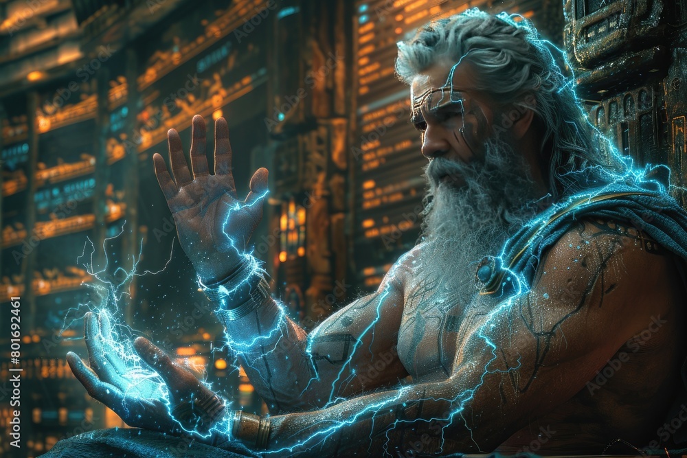 Zeus, the god of thunder, sits on his throne in a ruined city. He is ...