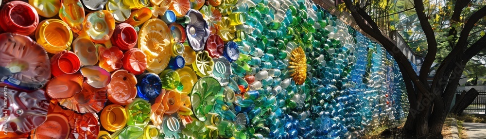 Artist sculpting an intricate mural out of recycled plastic bottles ...
