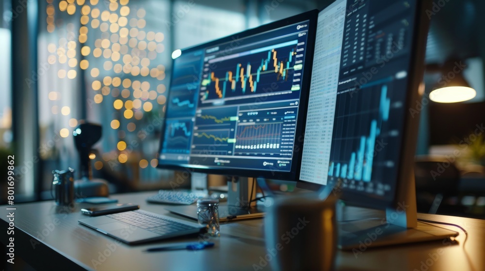 Computer screen filled with advanced financial models and simulations ...