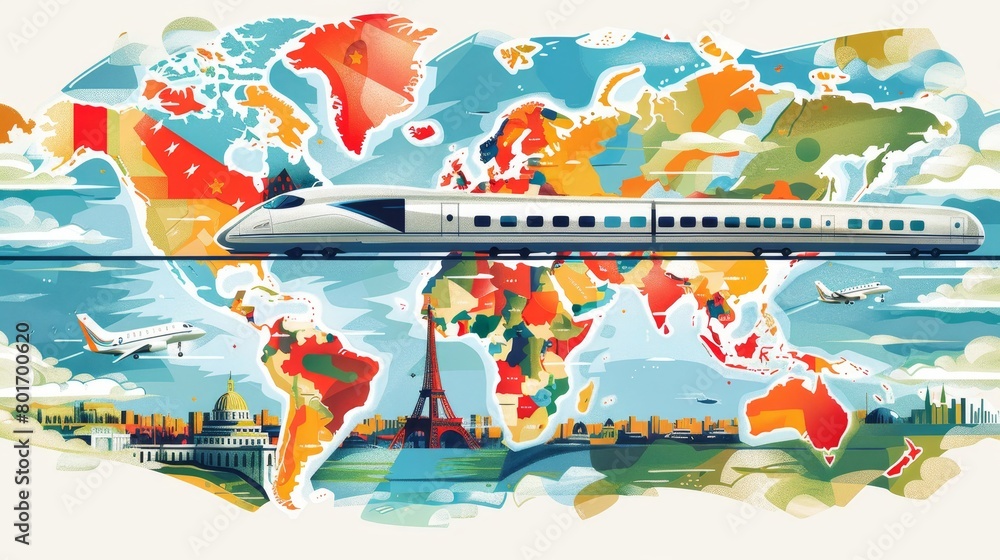 World map, high speed train and plane on the way to France, travel ...