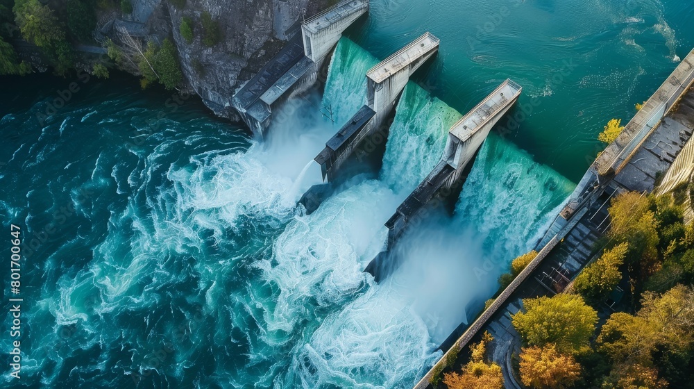 Hydroelectric dam in operation, with water powering turbines to produce ...