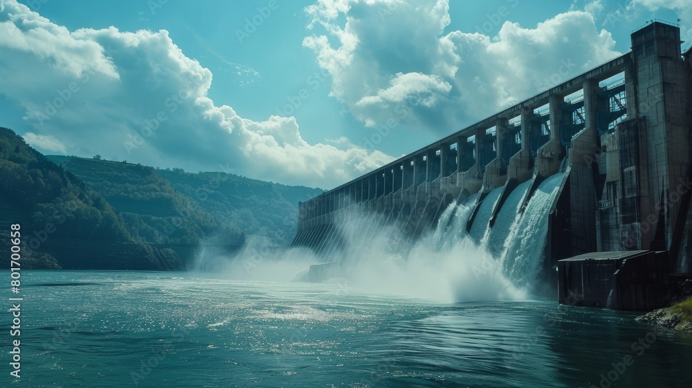 Hydroelectric dam in operation, with water powering turbines to produce ...