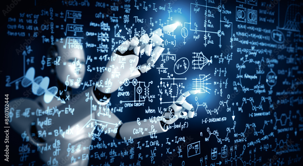 MLP 3d illustration AI humanoid robot touch screen of mathematics ...