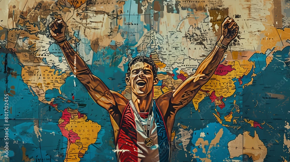 Triumphant athlete with winner s medal on world map marking france with ...