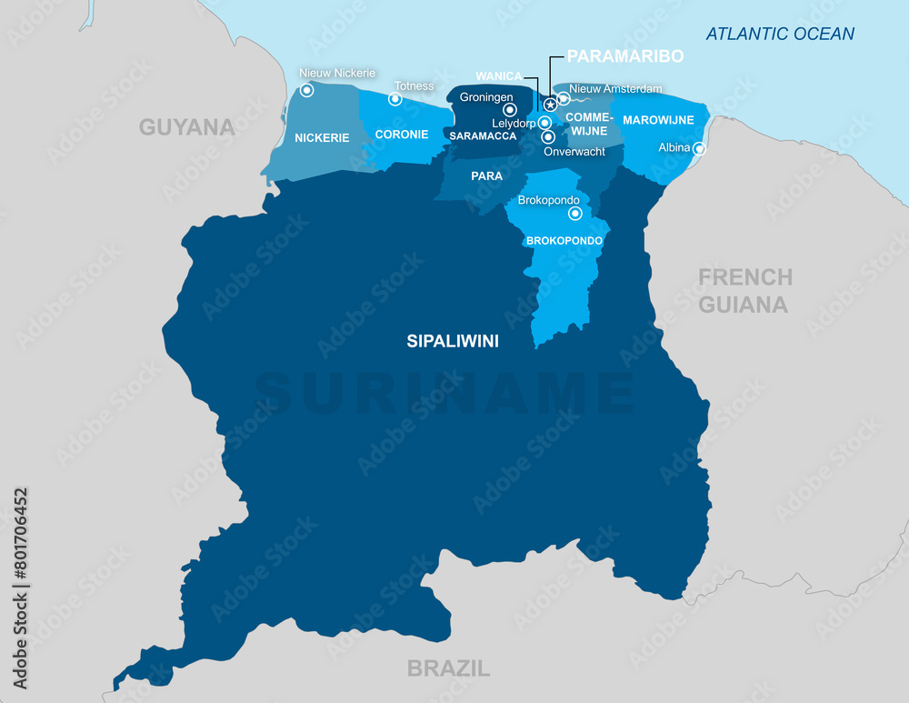 Suriname map with Districts provinces and Capitals South America Stock ...
