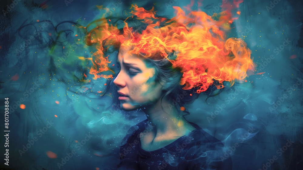 IA Illustration. Representation of fire in the brain. Brain pain in a ...
