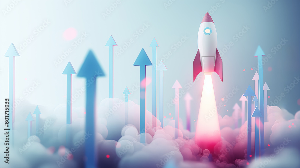 A rocket launching among upward arrows over clouds, digital art, on a ...