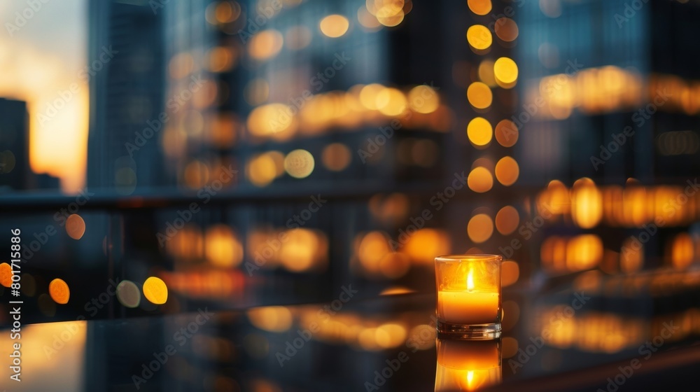 The golden glow of candlelight bounces off the modern city buildings ...