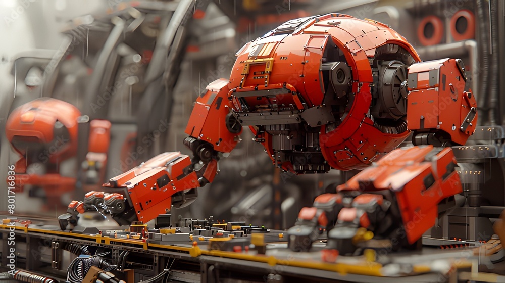 Large industrial robots engaged in assembly line work in a factory ...