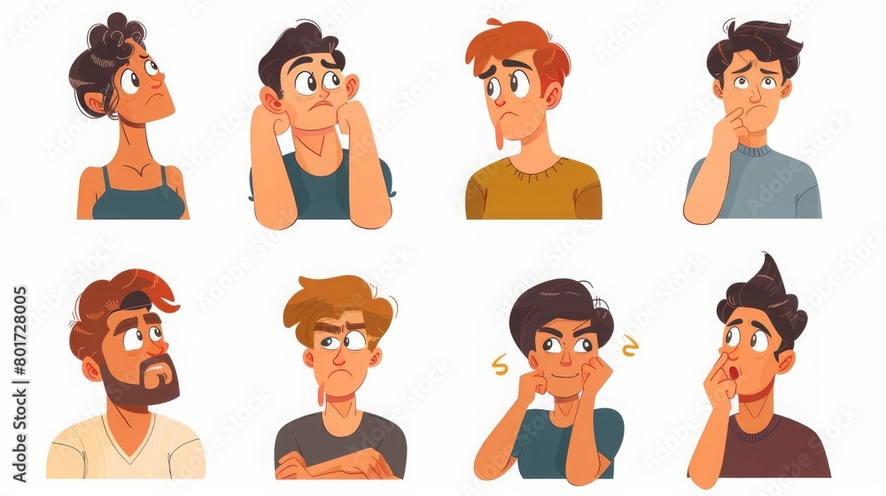 Confused men and women in doubts and thoughts Puzzled pensive people ...