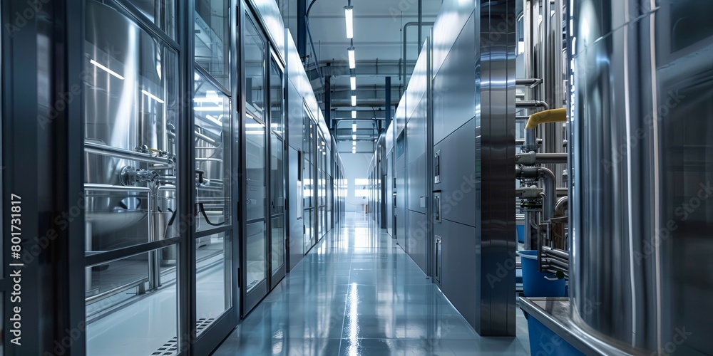 Industrial corridor with steel structures and piping - A long and ...