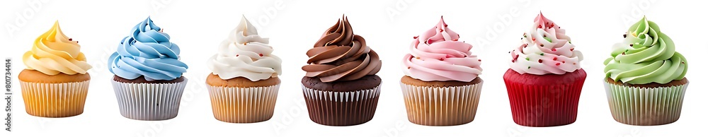set of Cupcake muffin with icing frosting, cutout. Many assorted ...