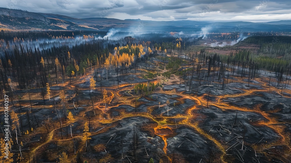 Forest fire aftermath with vibrant lava-like trails - An eerily ...