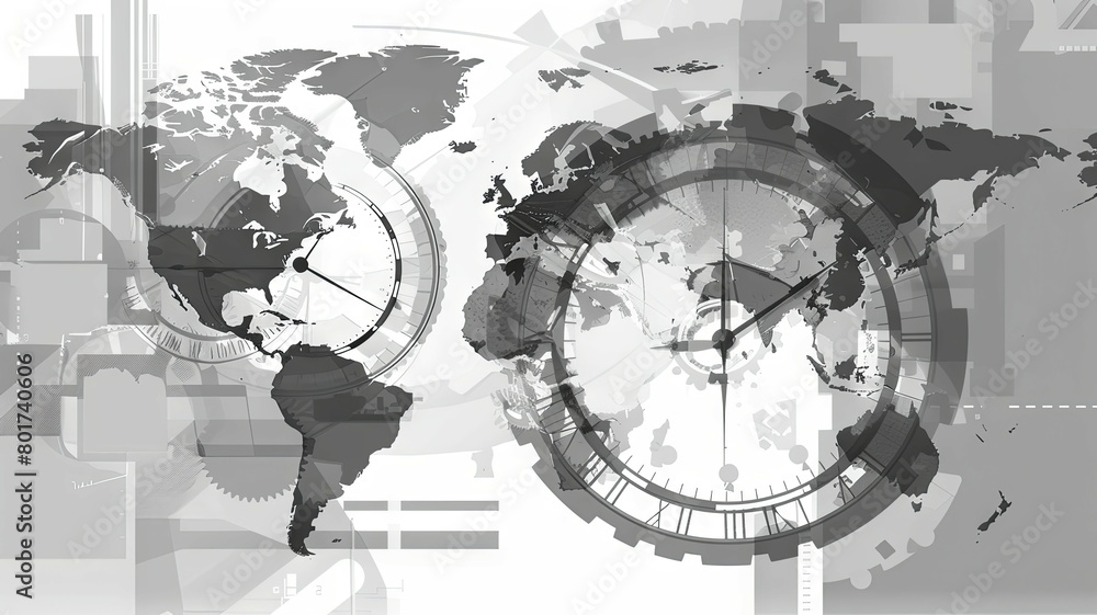 Monochrome world map blended with clock imagery - A grayscale world map ...