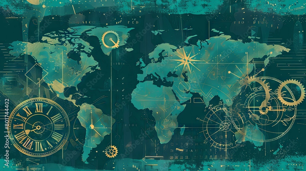 Vintage world map with steampunk influences - An intricate image of a ...