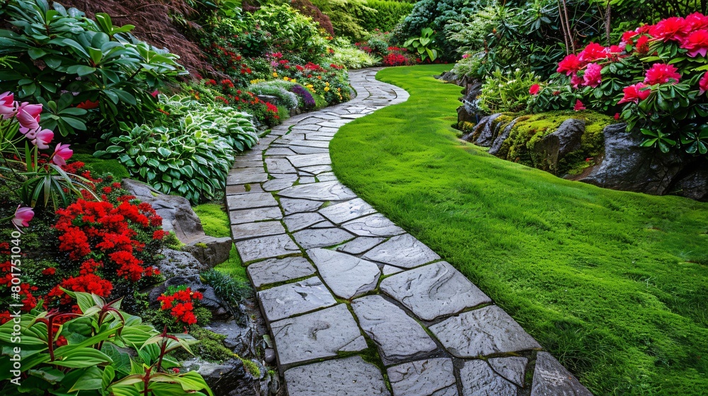 Garden Walkway, A paved path curves through a landscaped garden ...