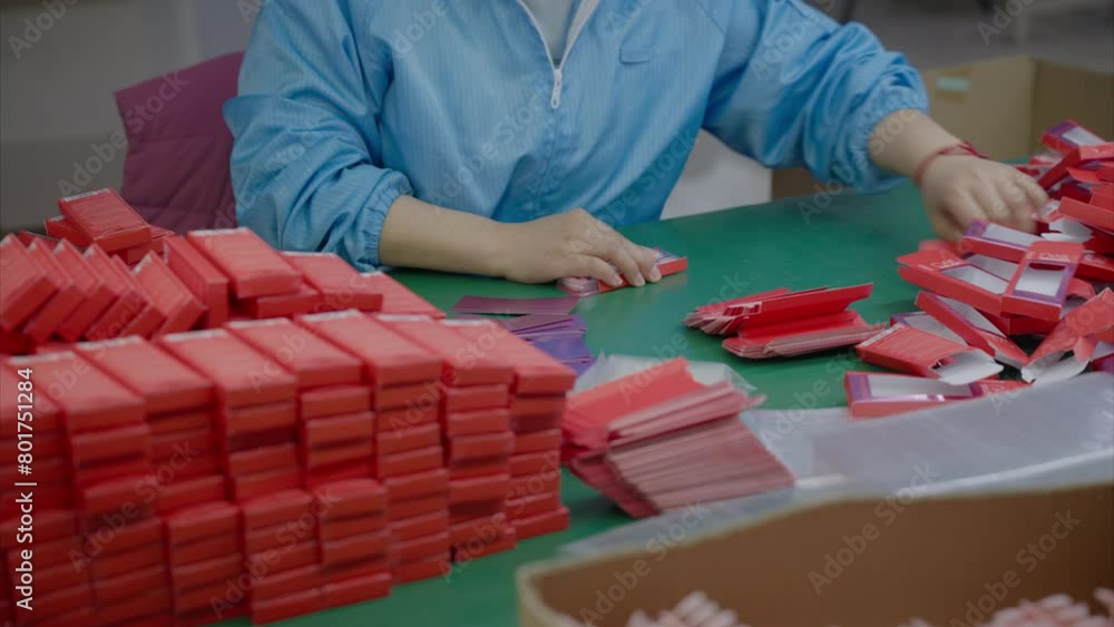 Worker is packaging products at a factory. Performing repetitive tasks ...