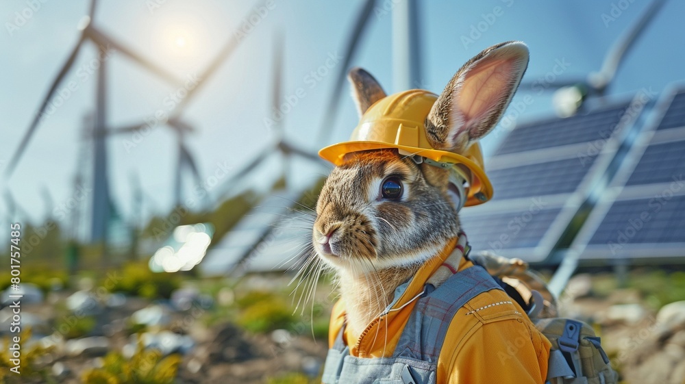 Rabbit with a solar energy wind turbine background and an engineer's ...