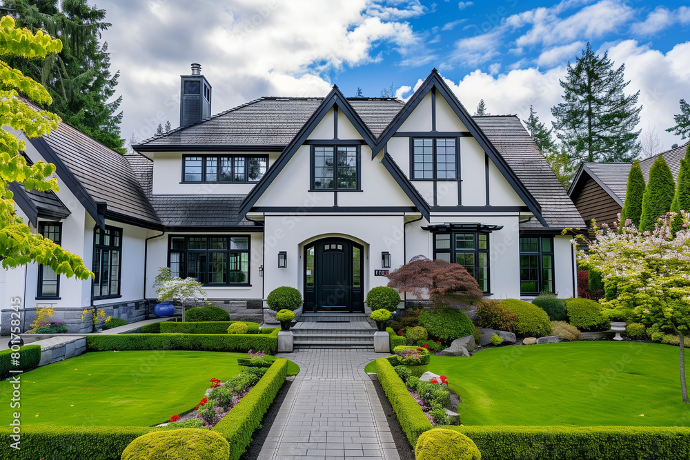 White family house with black pitched roof tiles, and beautiful front ...