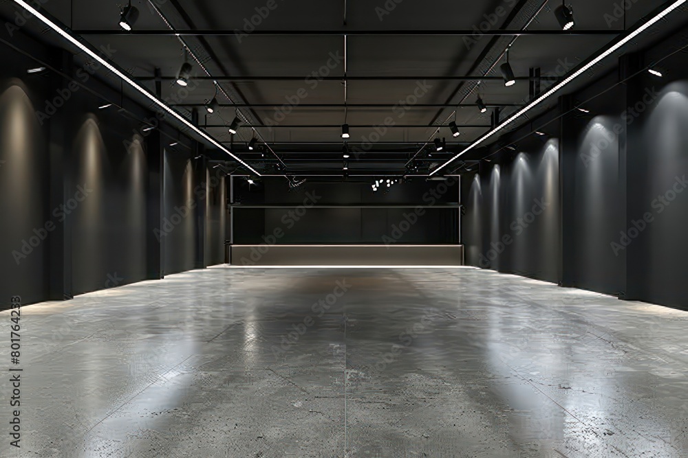 retail shop, concrete color floor, empty shop, black wall and ceiling ...
