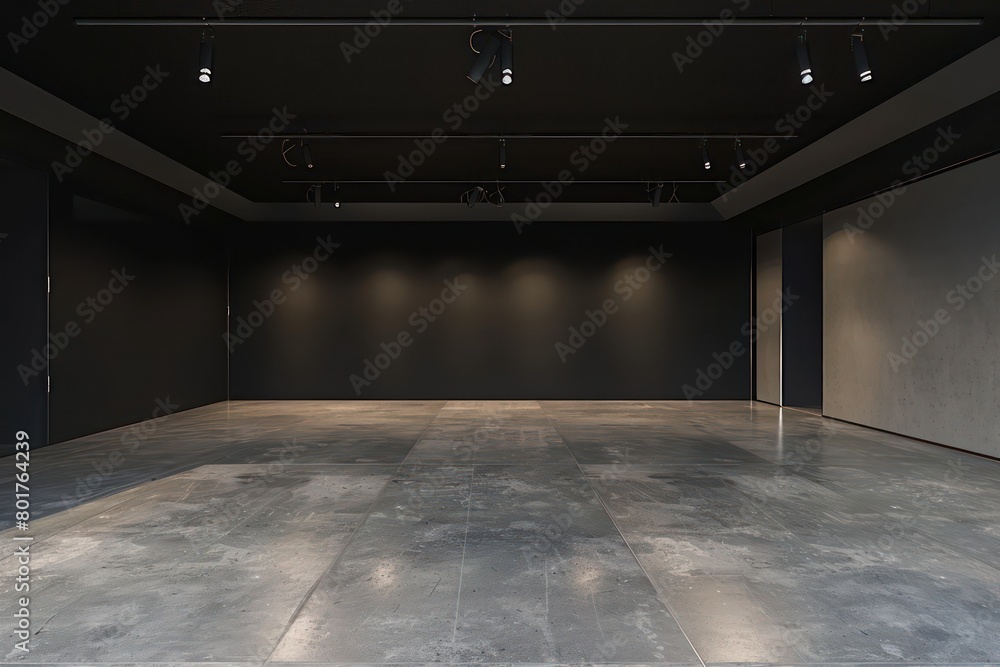 retail shop, concrete color floor, empty shop, black wall and ceiling ...
