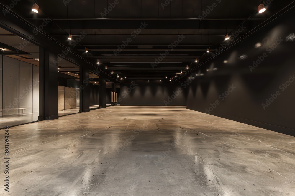 retail shop, concrete color floor, empty shop, black wall and ceiling ...