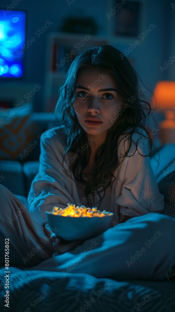 Stylish woman sitting comfortably on a plush sofa, binge-watching ...