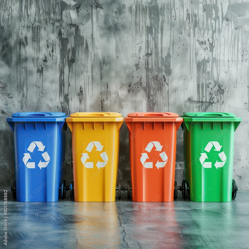 recycling bins, garbage bins in different colors, recycling symbols ...