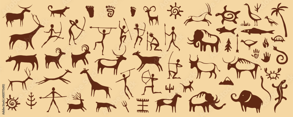 Prehistoric cave paintings, ancient art on rock wall. Stone vector ...