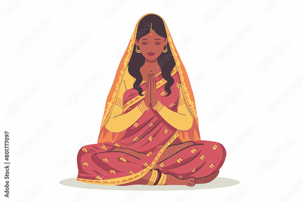Cartoon-style illustration of an Indian woman seated and praying ...