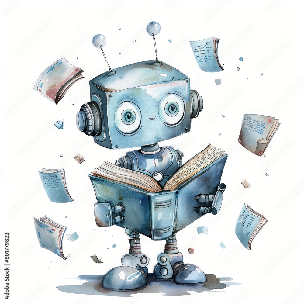 Cute watercolor clipart of a robot reading a book surrounded by ...