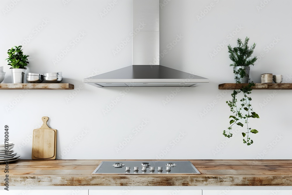 Silver cooker hood in minimal white kitchen interior with plant on ...