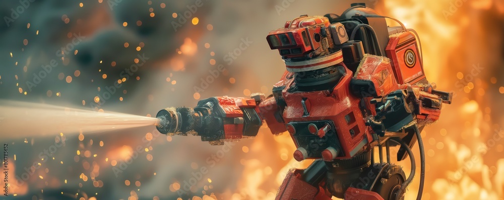 A robotic firefighter equipped with high-pressure water hoses and ...