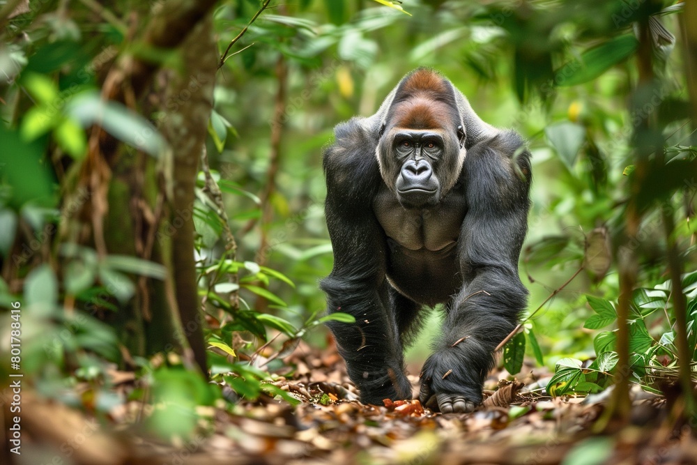 A majestic silverback gorilla leading his troop through the dense ...